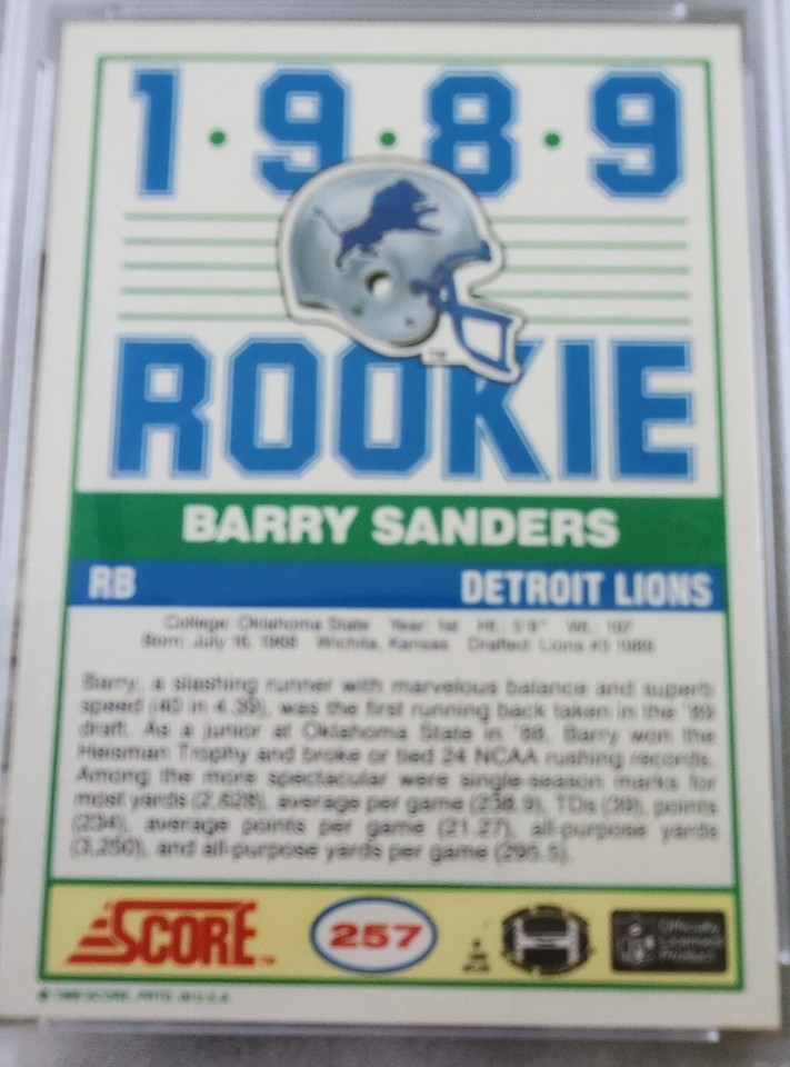 1989 Score Barry Sanders Rookie Card RC #257 Near Mint - Mint Lions | eBay