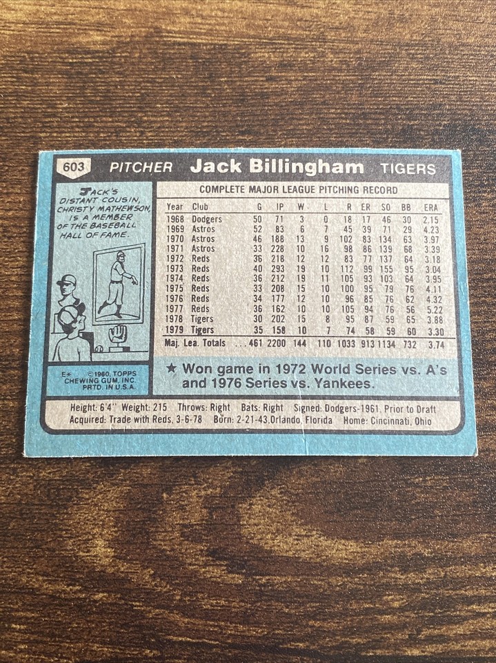 1980 Topps Jack Billingham #603 Detroit Tigers L4139* | eBay