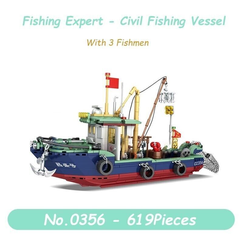 619pcs Fishing Expert Building Blocks Fishing Boat Bricks Diy Toys ste ...