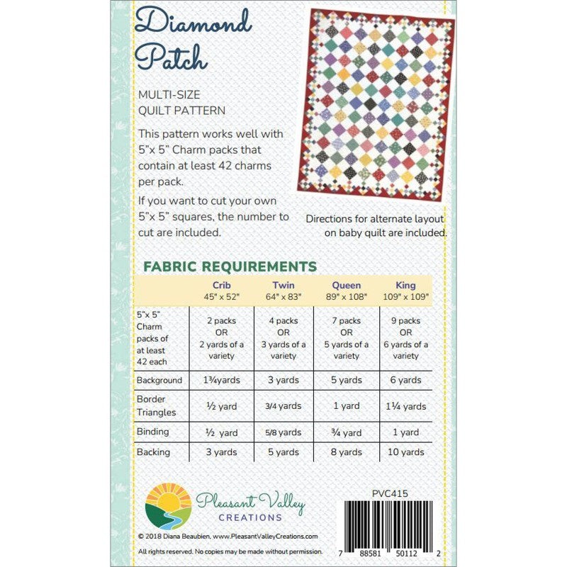 Diamond Patch Quilt Pattern by Pleasant Valley Creations-4 Sizes Incl ...