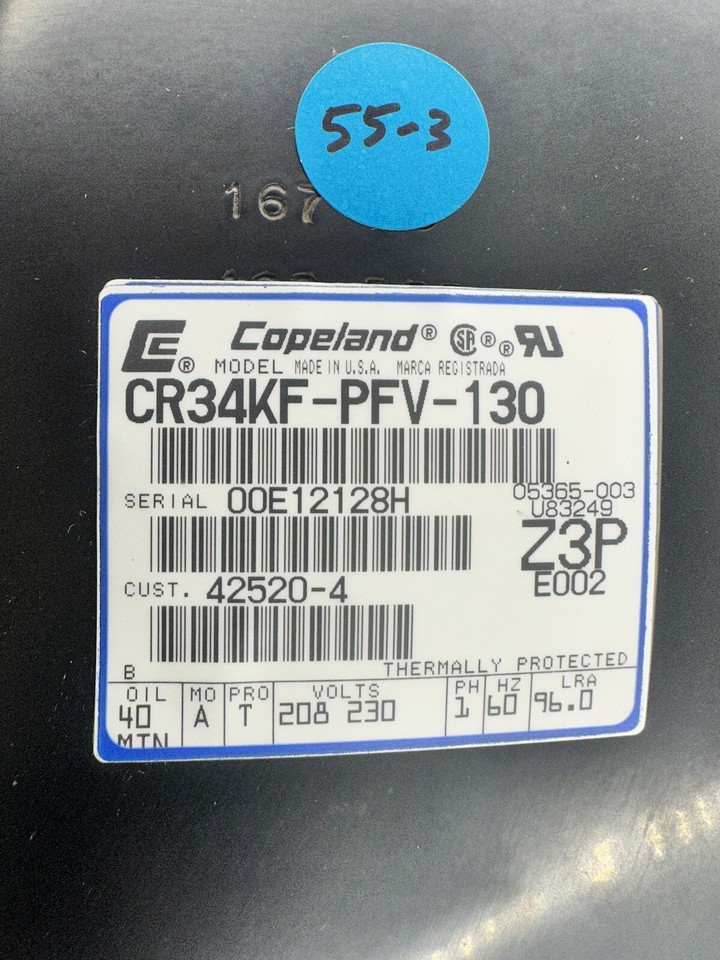 CR34KF-PFV-130 Copeland 34,000 BTU R22 208-230V 1Ph Compressor (#55-3 ...