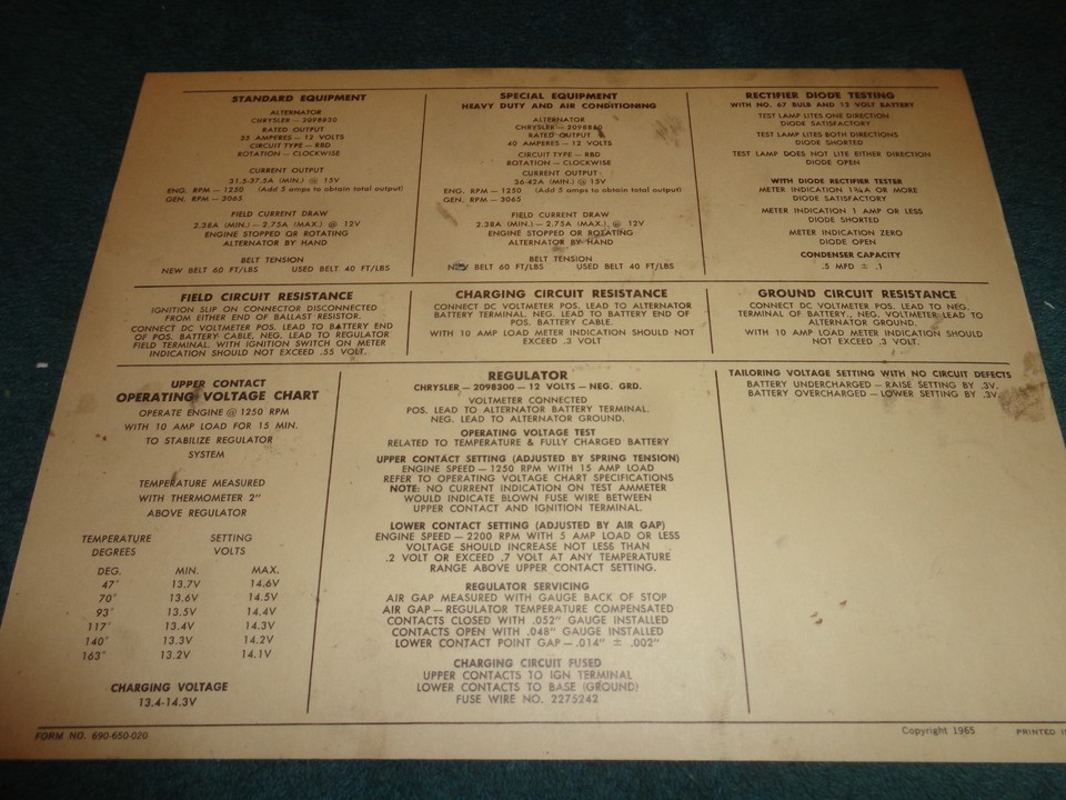 1965 DODGE / PLYMOUTH 426 SUPER COMMANDO V-8 ENGINE SUN TUNE-UP CHART ...