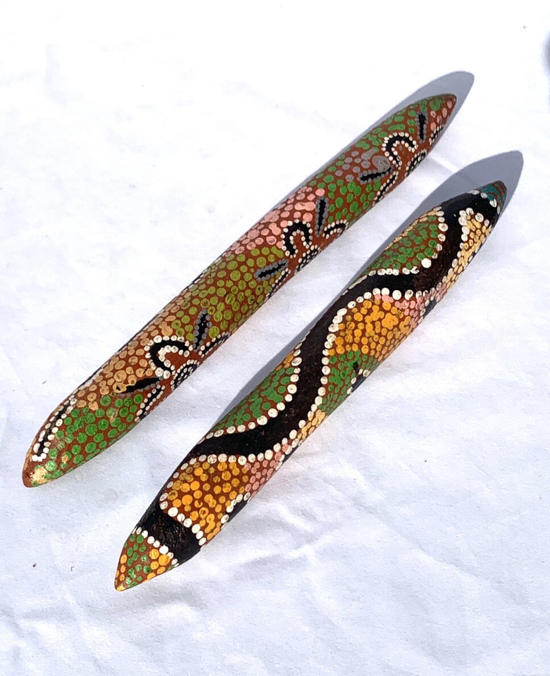 Rare Set Of 2 Vintage Old Australian Aboriginal Indigenous Dot Art Clap ...
