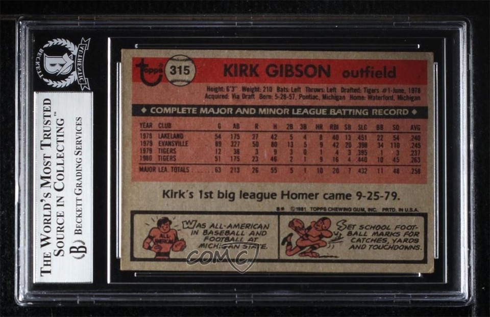 BAS 1981 Topps Kirk Gibson #315 Authentic Auto Rookie RC | eBay