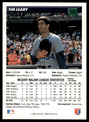 1993 Donruss Baseball Card Tim Leary Seattle Mariners #289 | eBay