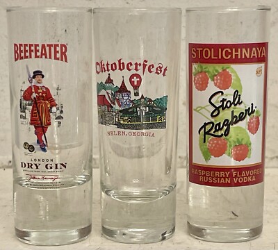 3 pc Shot Glasses Lot Beefeater, Stolichnaya, Oktoberfest Helen Georgia ...