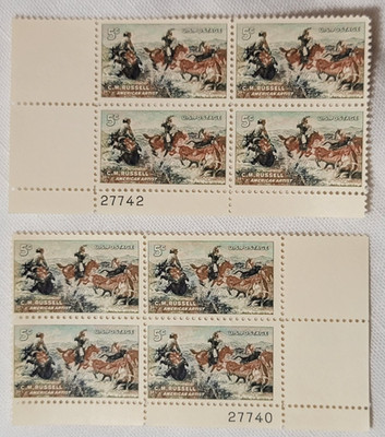 1964 5-cent US stamps Charles M. Russell, Artist, 2 plate blocks of 4 ...