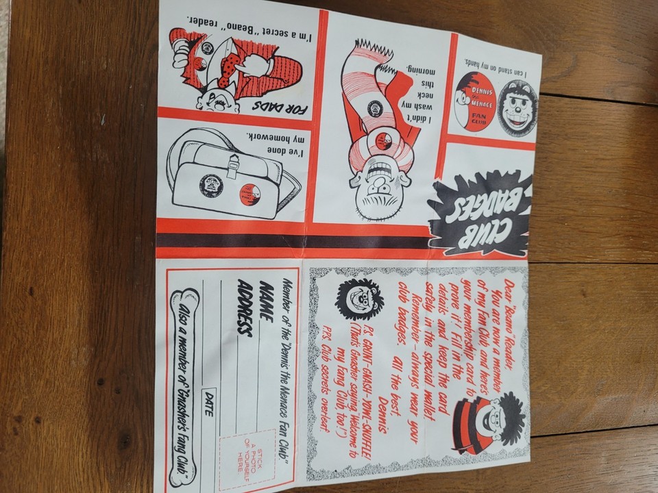 Dennis the Menace Fan Club Wallet, Unused ID card & Two Badges Beano ...