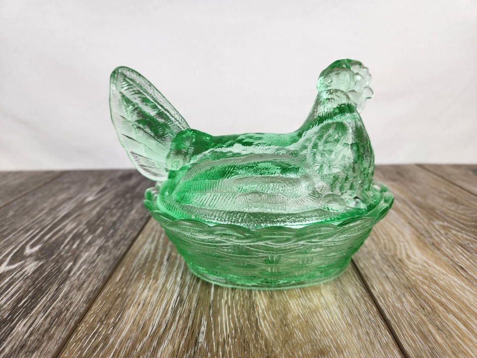 Apple Green Glass Hen on Woven Nest - Chicken Candy Dish or Trinket ...