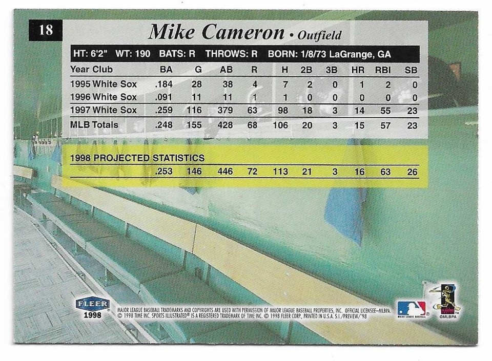 1998 Sports Illustrated Baseball Mike Cameron Card #18 Chicago White ...