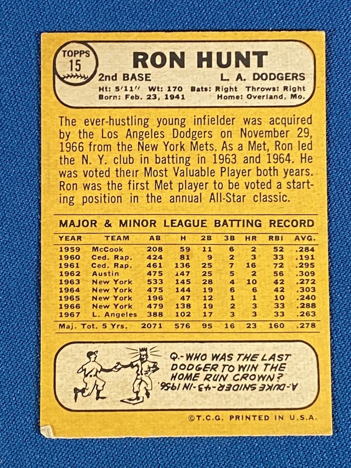 1968 Topps Ron Hunt Baseball Card #15 VG Los Angeles Dodgers | eBay