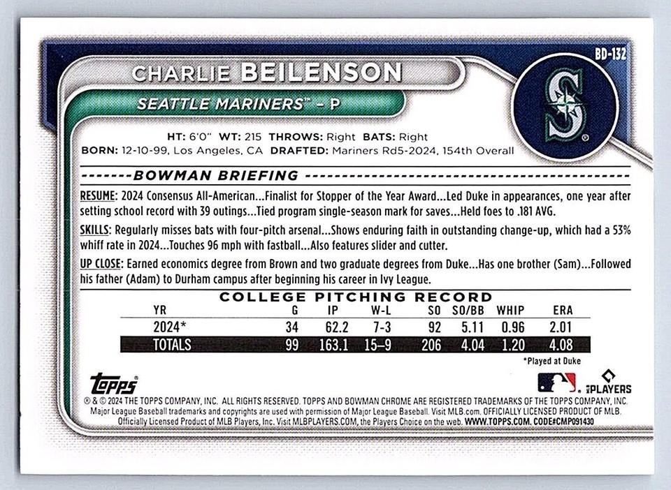 CHARLIE BEILENSON MARINERS RC 1st card 2024 BOWMAN DRAFT #BD-132 | eBay