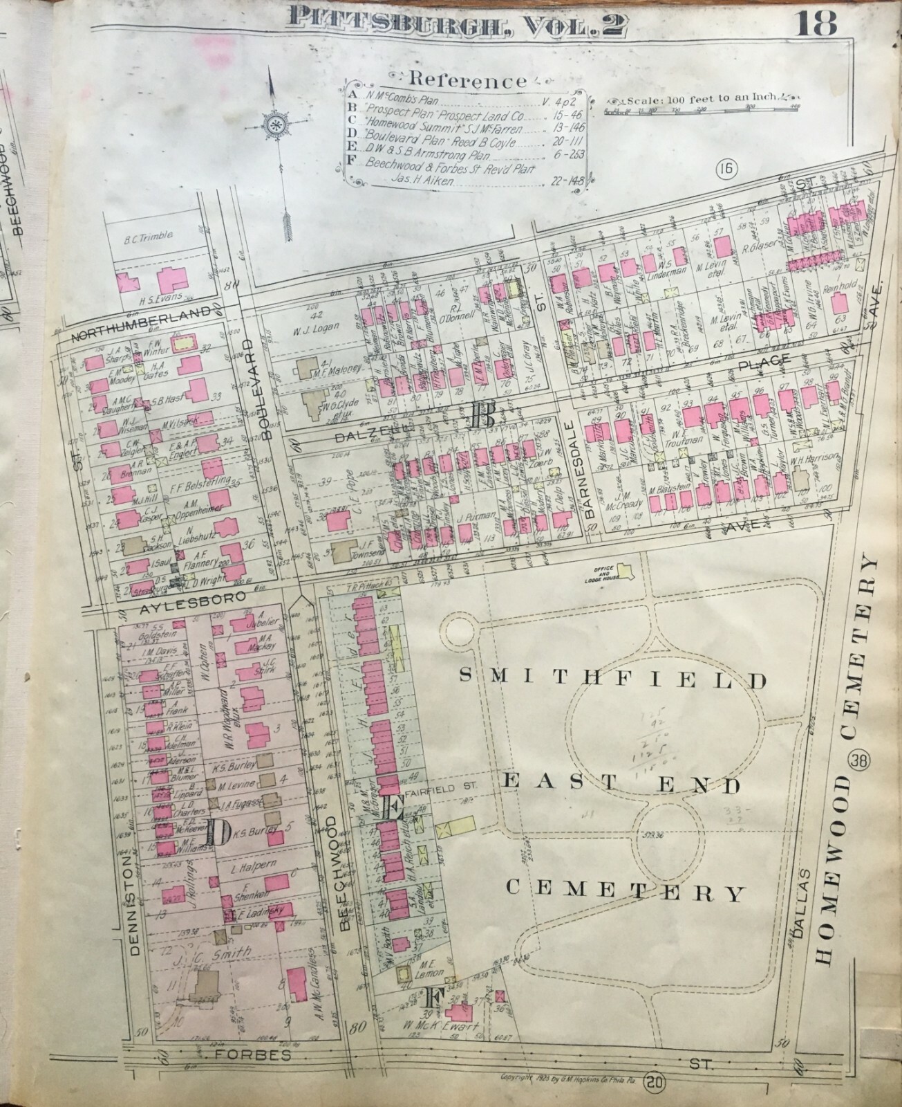1923 PITTSBURGH PA SQUIRREL HILL SMITHFIELD EAST END CEMETERY ATLAS MAP ...