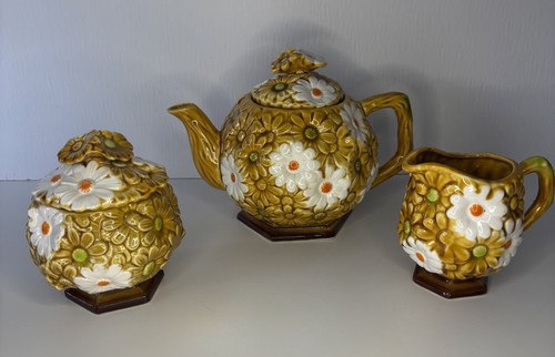 🌼Vintage Fred Roberts Gold & White Daisy Teapot Creamer Sugar RELPO 70s ...