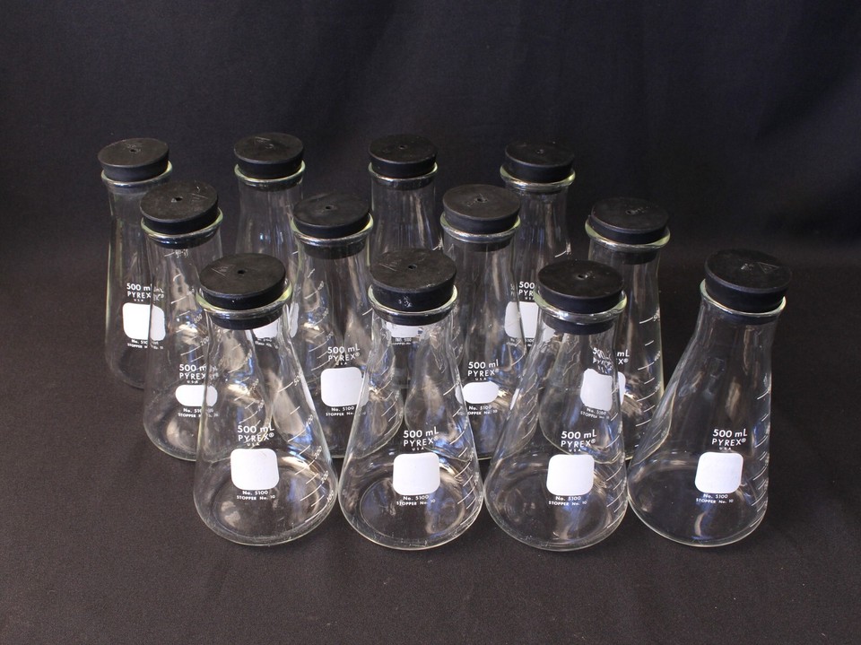 Six Glass Laboratory Flasks for Sale~Pyrex brand Erlenmeyer 500 ml~Wide ...