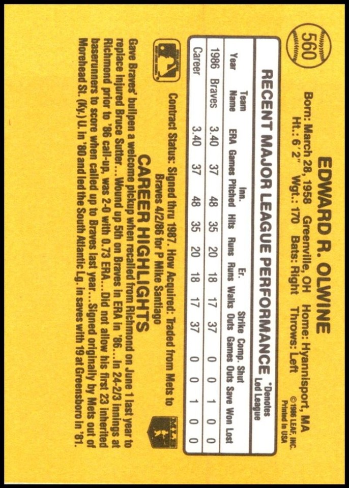 1987 Donruss #560 Ed Olwine EX Excellent RC Rookie Braves | eBay