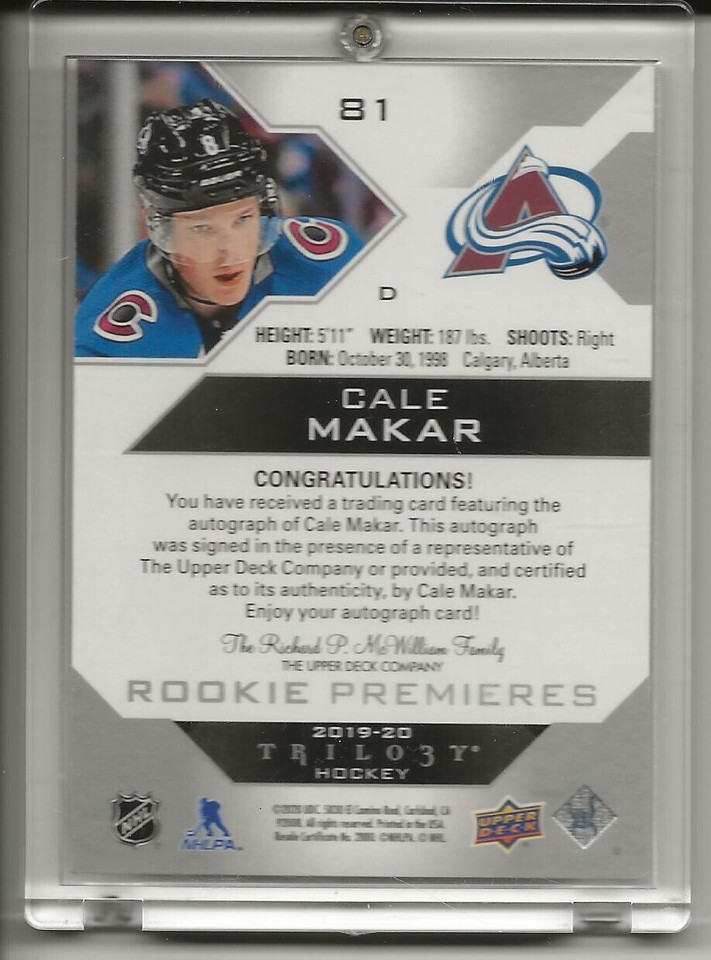 2020 CALE MAKAR UD TRILOGY ROOKIE SIGNED AUTO CARD 69/249 AVALANCHE ...