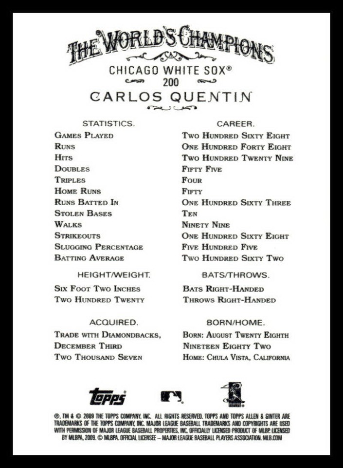 2009 Topps Allen & Ginter Carlos Quentin #200 Chicago White Sox | eBay