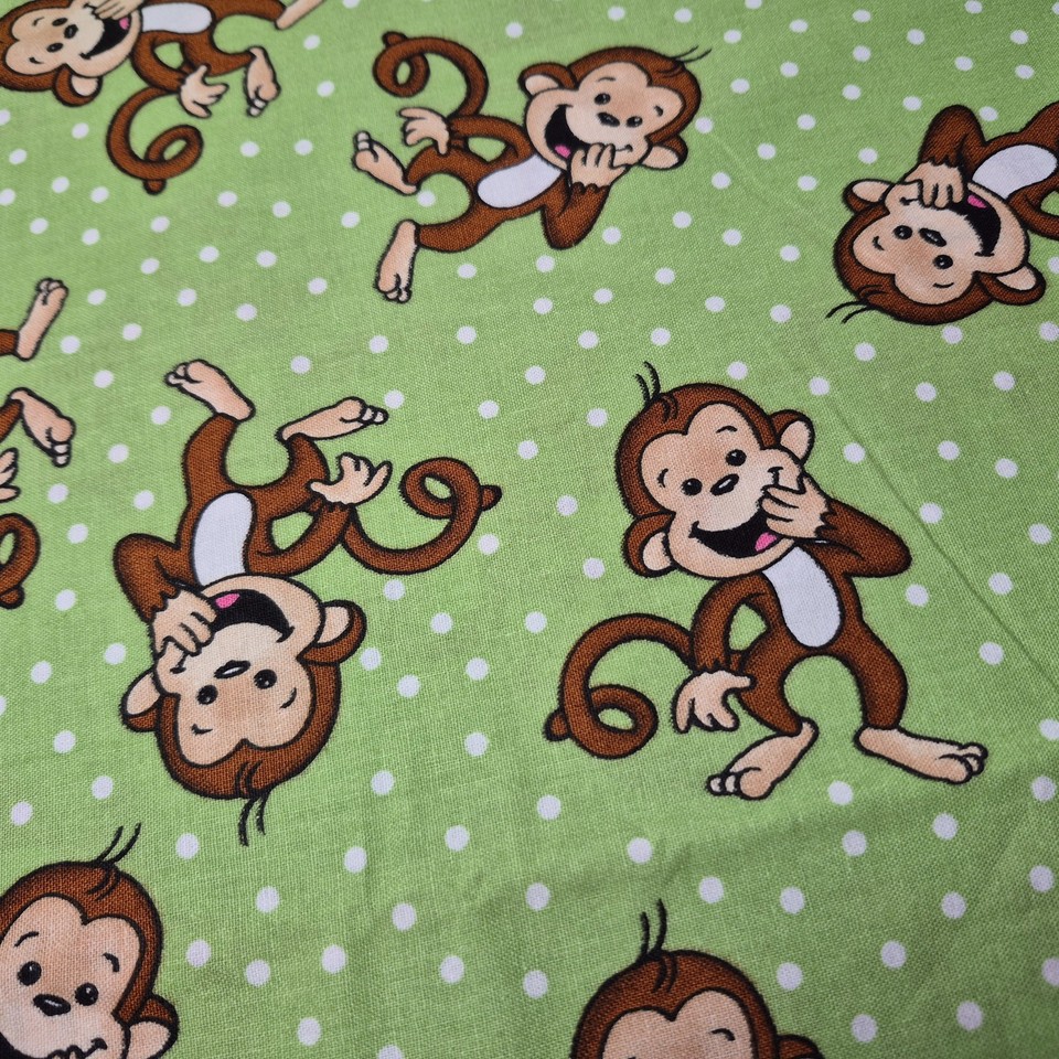 Laughing Monkeys on Green Polka Dot Background Cotton Fabric 2 Yards Jo ...