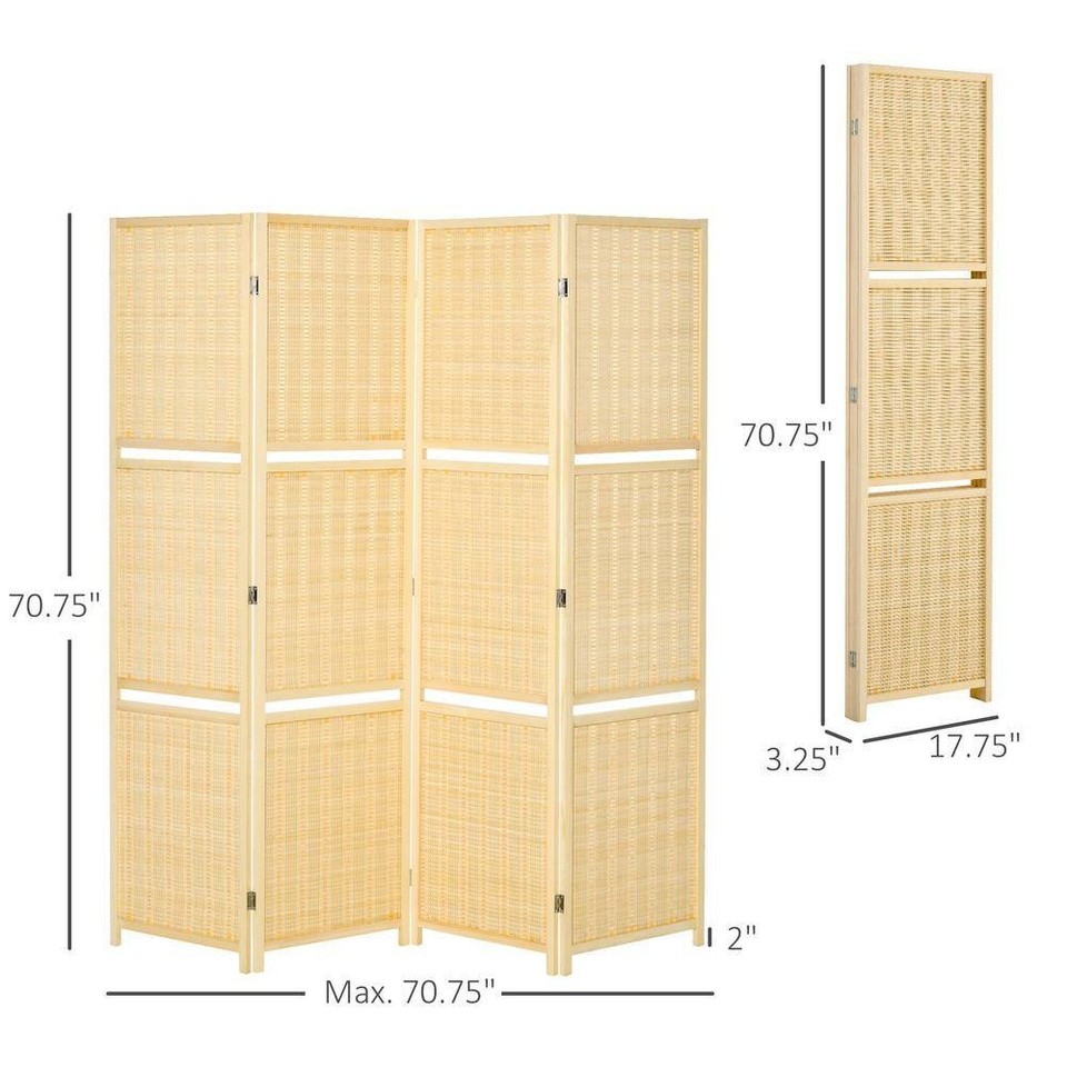 6 ft. Tall Natural 4-Panel Bamboo Room Divider, Folding Privacy Screen ...