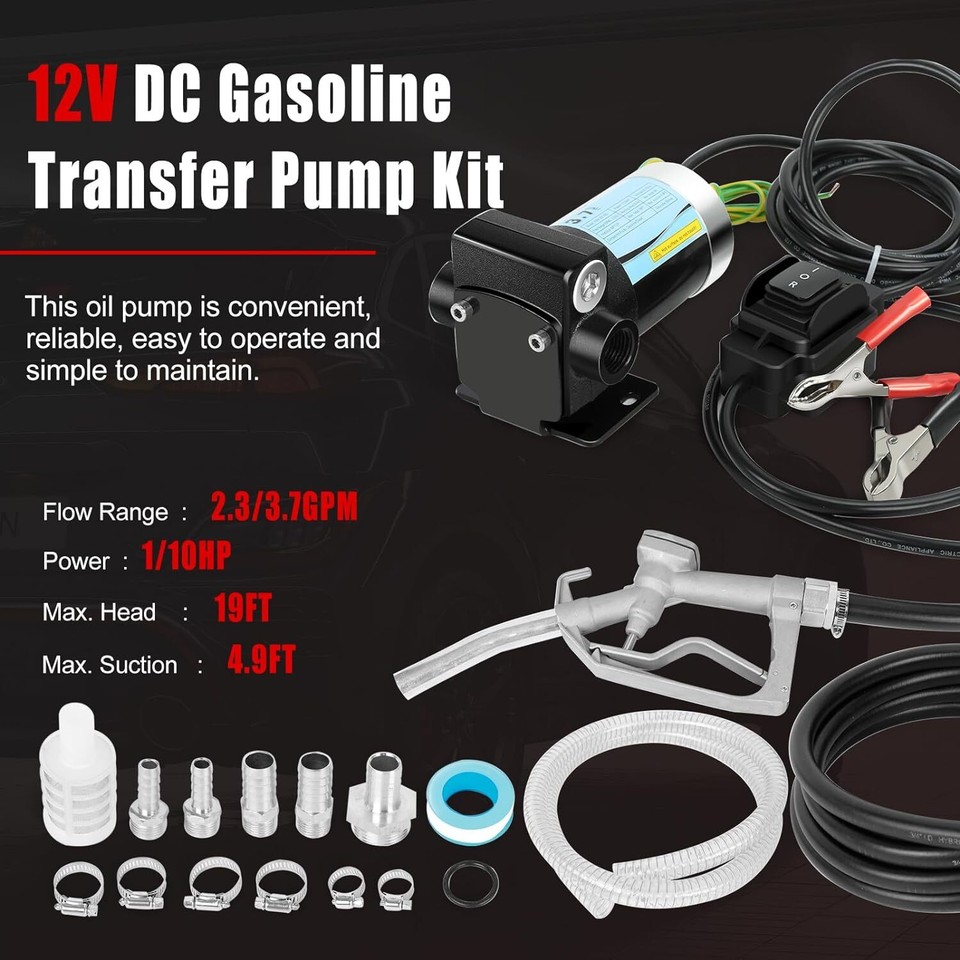 12V Gasoline Oil Fuel Transfer Pump Kit with Connection Cables w/Hoses ...