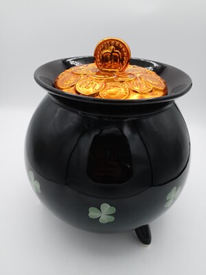 MARCUS NOTLEY Ceramic 9" Black Irish Shamrock Pot of Gold Cookie Jar w ...