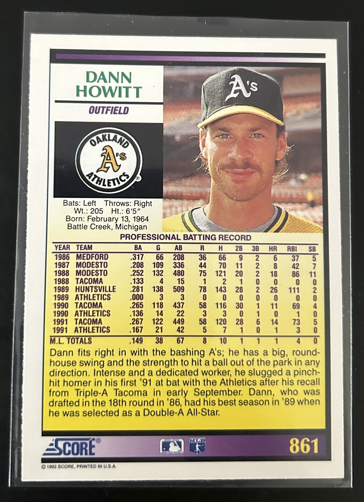 1992 Score Rookie Dann Howitt Oakland Athletics #861 | eBay