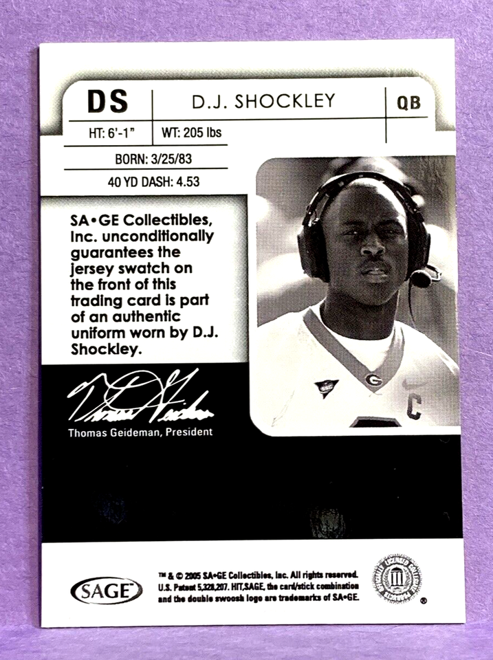 2006 Sage Hit D.J. SHOCKLEY Authentic Jersey Rookie RC Card #DS Falcons ...