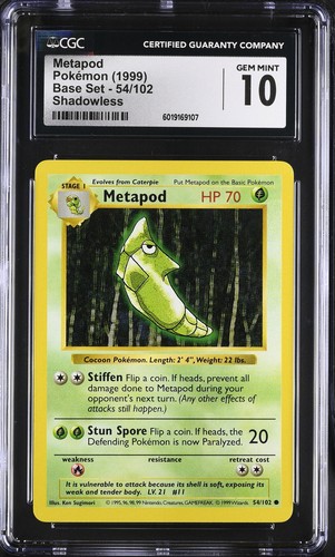 CGC 10 GEM MINT Metapod 1999 Base Set 54/102 Shadowless Pokemon Card ...