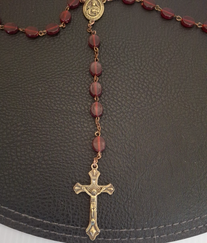 Vintage Saint Therese Red Bead Rosary Pray for Us INRI Crucifix 25" | eBay