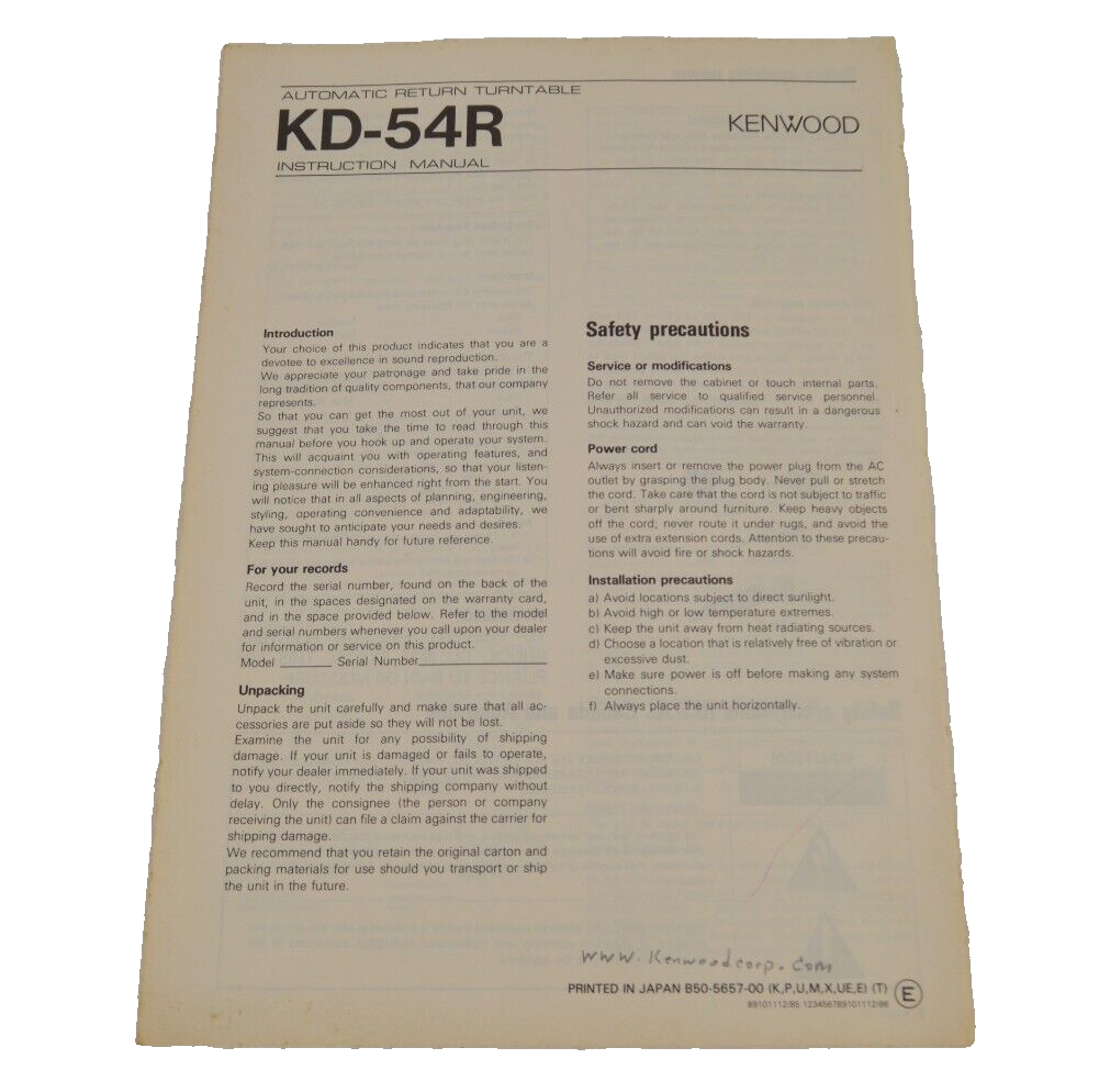 Kenwood Kd-54r Direct Drive Automatic Return Turntable Record Player ...