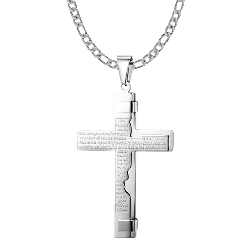 Cross Pendant Necklace for Men Boys Stainless Steel Lord's Prayer Bible ...