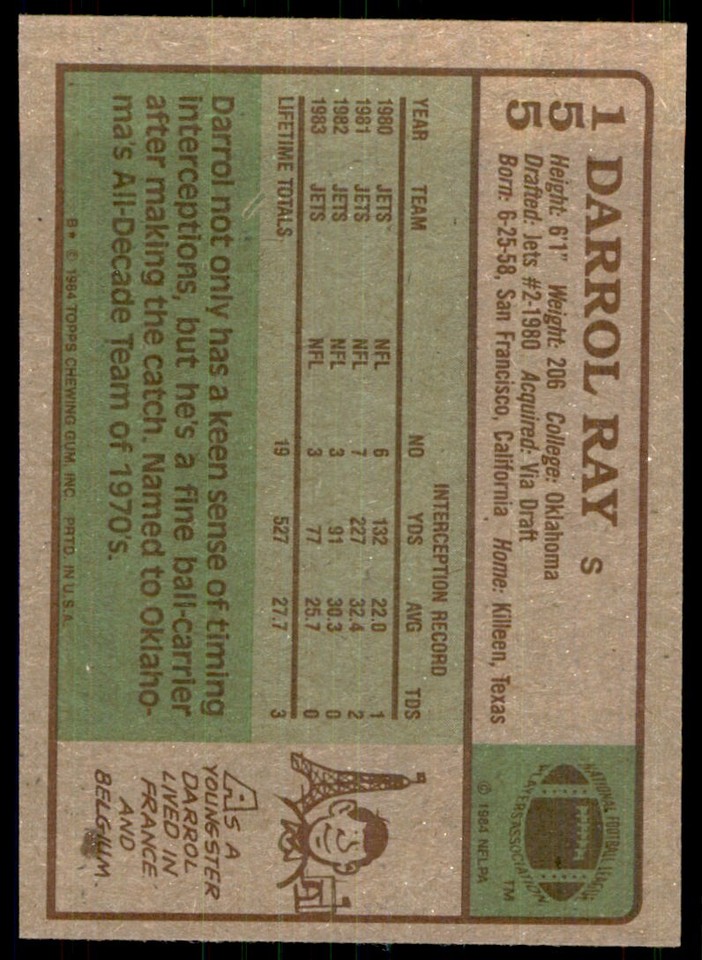 1984 TOPPS DARROL RAY NEW YORK JETS #155 | eBay