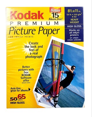 Kodak Premium Picture Paper Ink Jet Prints 65 Sheets 8.5 x 11 High ...