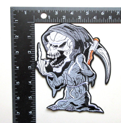 🔥GRIM REAPER SKELETON GIVING THE MIDDLE FINGER EMBROIDERED IRON ON ...