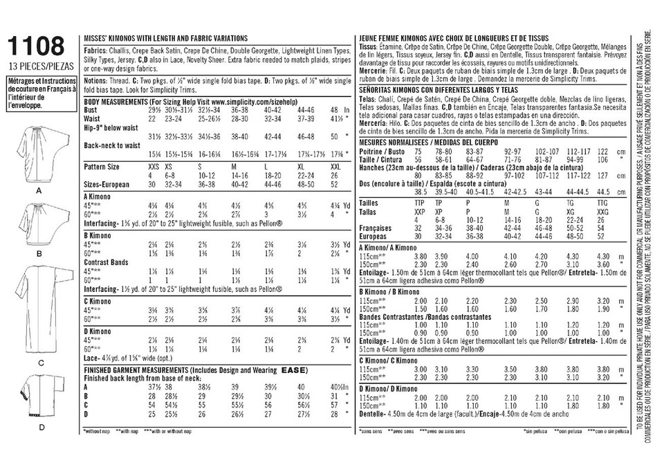 Simplicity 1108 XXS-XXL EASY Kimono Loose Jacket Dolman Muumuu Plus ...