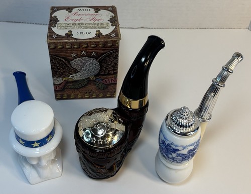 Lot of 3 Avon Pipe Cologne Bottles Uncle Sam American Eagle Dutch Pipe ...