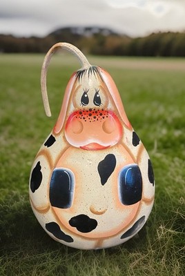Real Handpainted Folk Art Black & White COW Gourd. Cute Farmhouse Decor ...