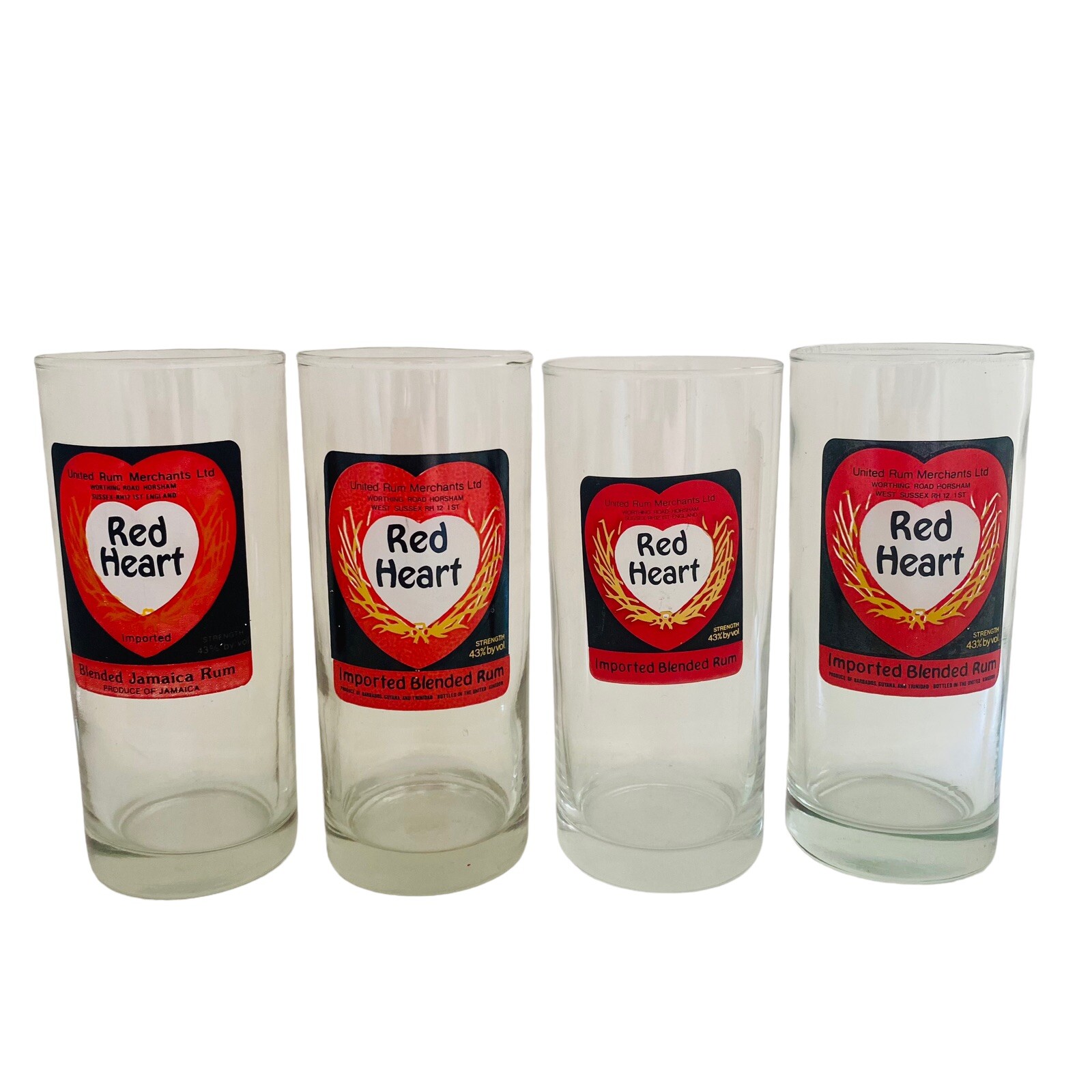 Red Heart Rum Glass x4 Vintage Tall Drinking Glasses Rare Jamaica Pub ...