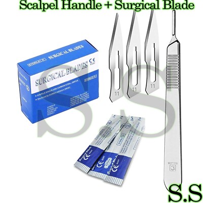 100 Pc Scalpel Blades #11 Surgical Dental ENT Instruments with Free #3 ...