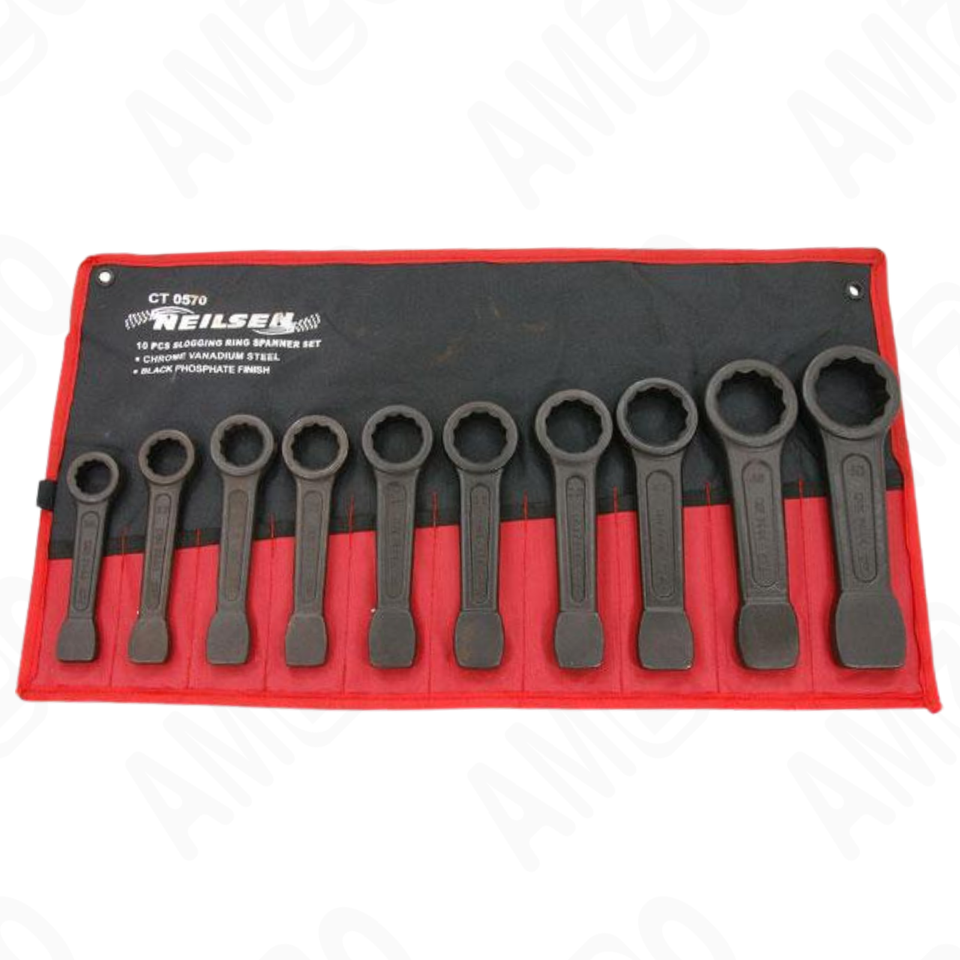 Neilsen 10pc Slogging Ring Spanner Set 24-50mm Heavy Duty Tool Roll ...