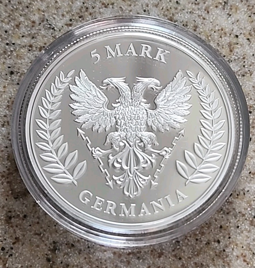 1 OZ .999 PURE SILVER PROOF 2025 GERMANIA 5 MARK ROUND BULLION COIN COA ...