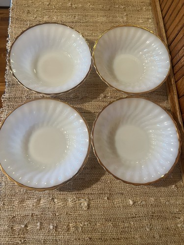 VTG Anchor Hocking Fire King Set 4 White Milk Glass Swirl Soup Bowls ...