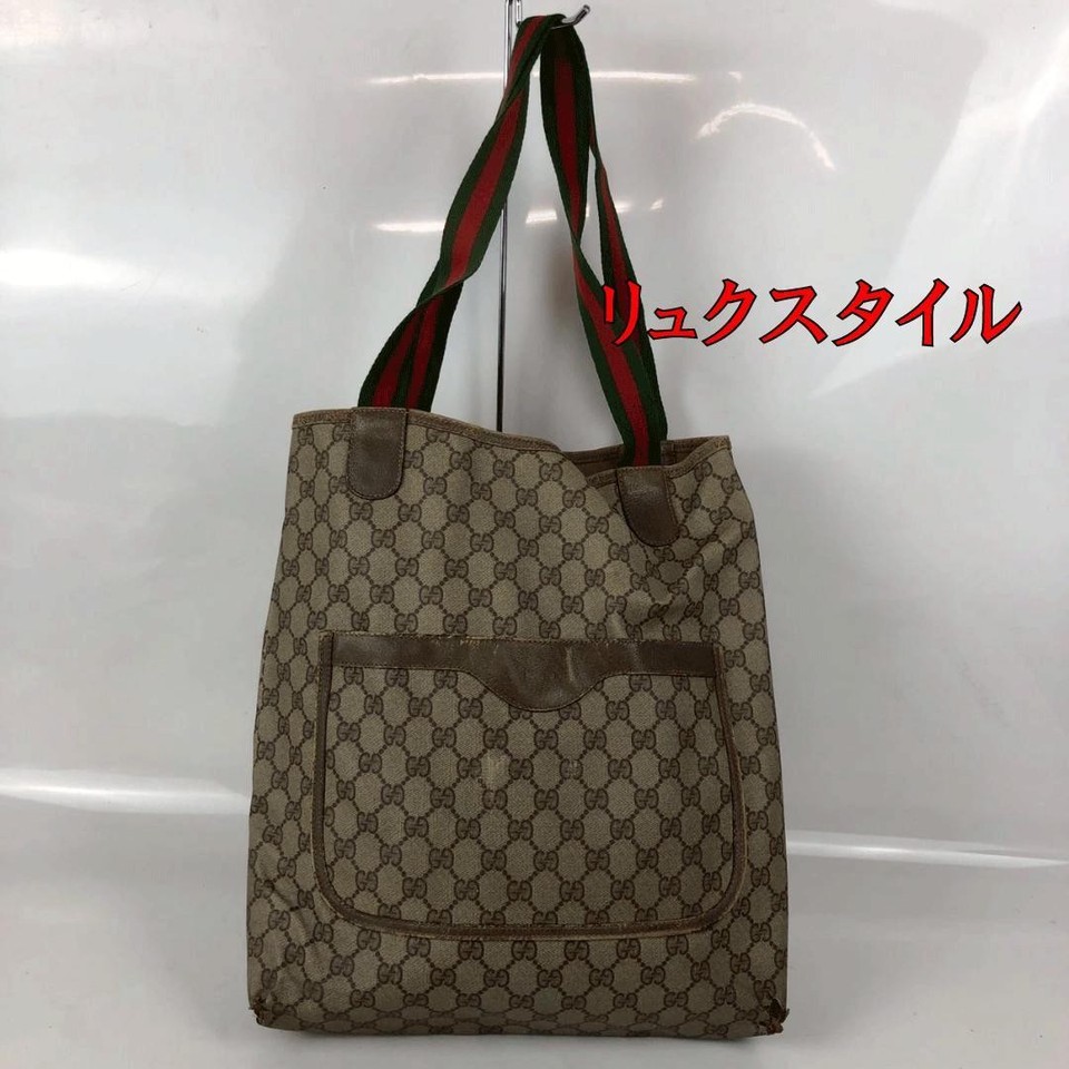GUCCI 39.02.003 GG Canvas Sherry Line Tote Bag Beige Brown Logo From ...
