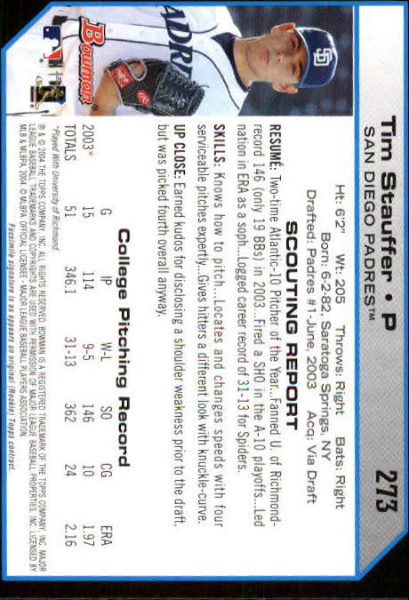 2004 Bowman San Diego Padres Baseball Card #273 Tim Stauffer FY Rookie ...