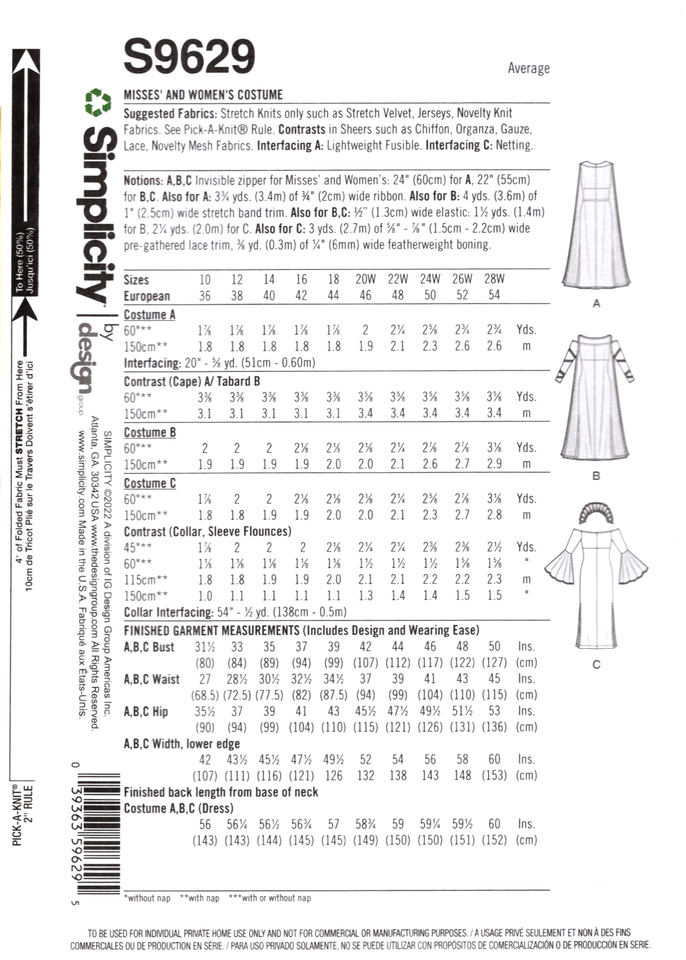Costume Gowns Cape Simplicity Pattern S9629 Sizes 10 - 18 Witch ...