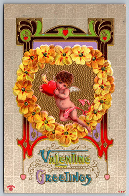 Valentines Day, Cupid, Yellow Flower Heart, Greetings, Vintage Postcard ...