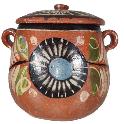 Vintage Mexican Redware Pottery Bean Pot Lid Hand Painted Crock ...