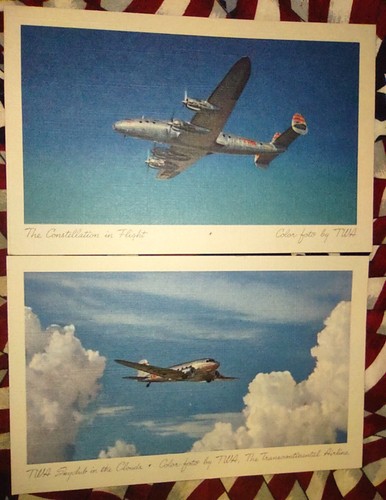 TWO TWA AIRLINES LINEN POSTCARDS. THE LOCKEED CONSTELLATION AIRLINER ...