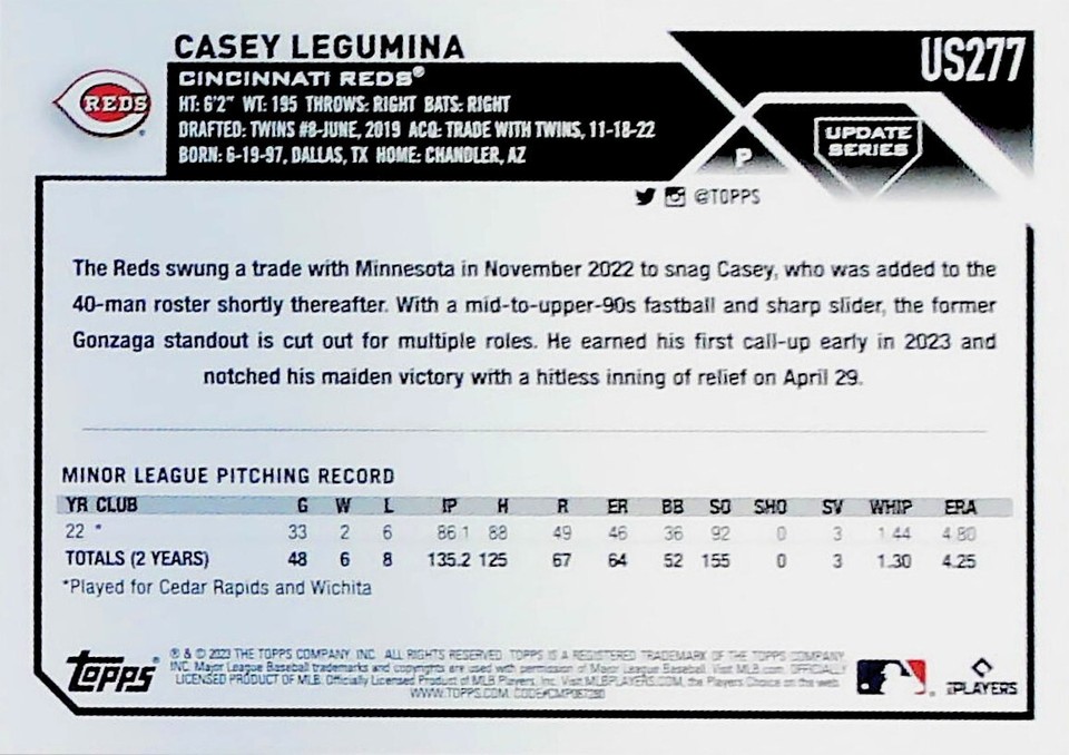 2023 Topps Update BLUE PARALLEL US277 CASEY LEGUMINA CINCINNATI REDS | eBay